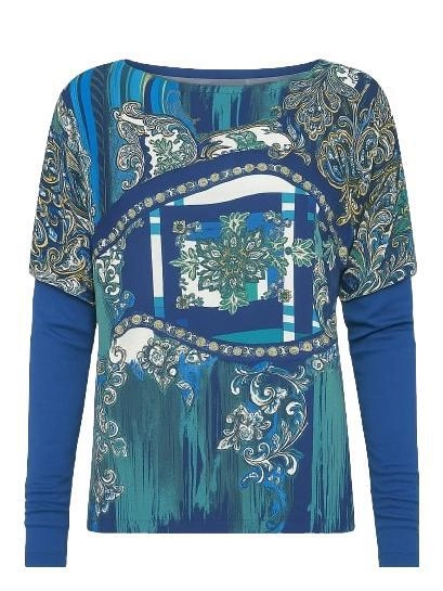 CONQUISTA Long Sleeve Print Blouse - Blue