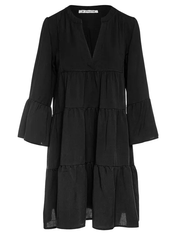 CONQUISTA Tencel Gathered Seam Dress With Bell Sleeves - Black