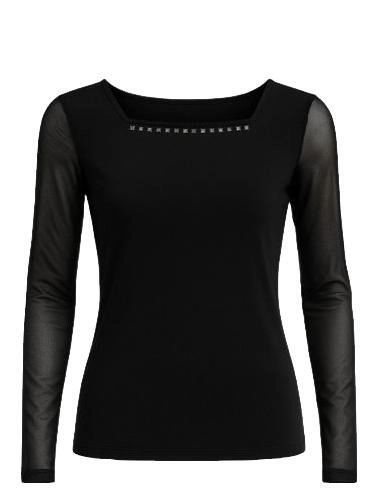 CONQUISTA Decorative Long Sleeve Top With Embellished Neckline And Sheer Sleeves - Black
