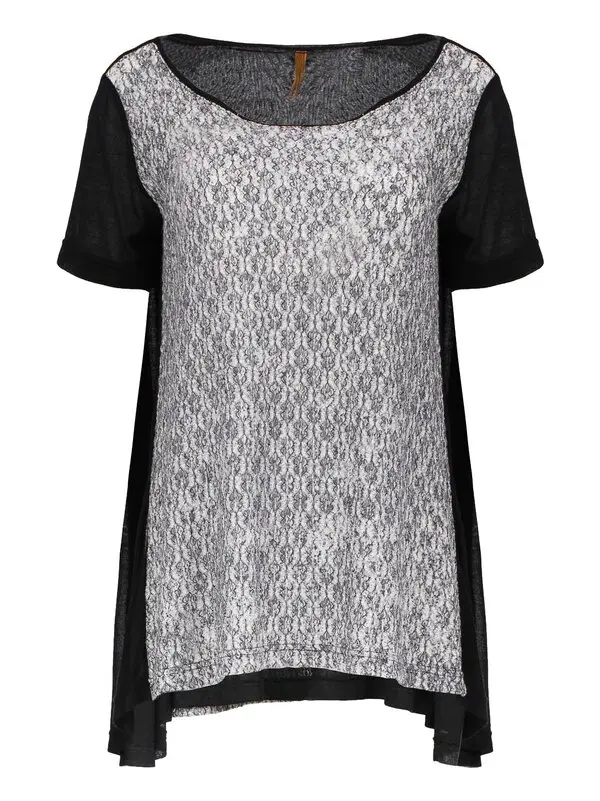 CONQUISTA Jersey Knit Short Sleeve Top With Lace Overlay - Black