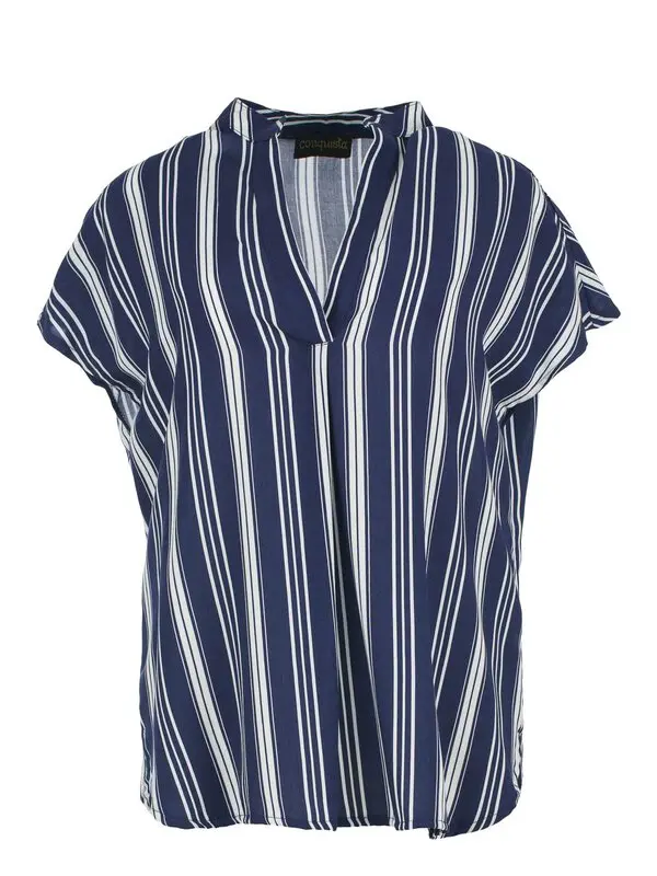 CONQUISTA Viscose Striped V-neck Blouse - Blue