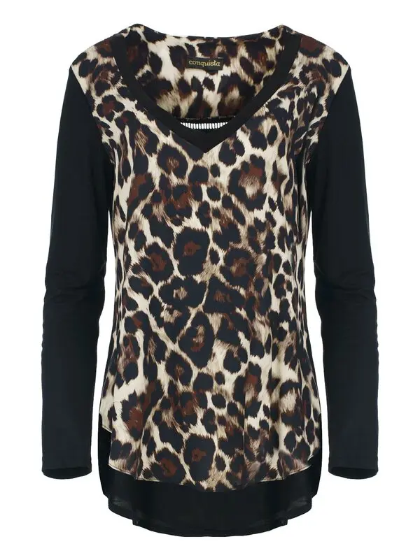 CONQUISTA Animal Print Top With Tencel Jersey Back - Black