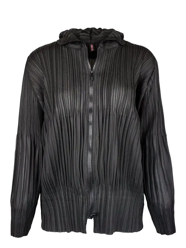 WILD COSMOS Hooded Plissé Satin Zip-up Jacket - Black
