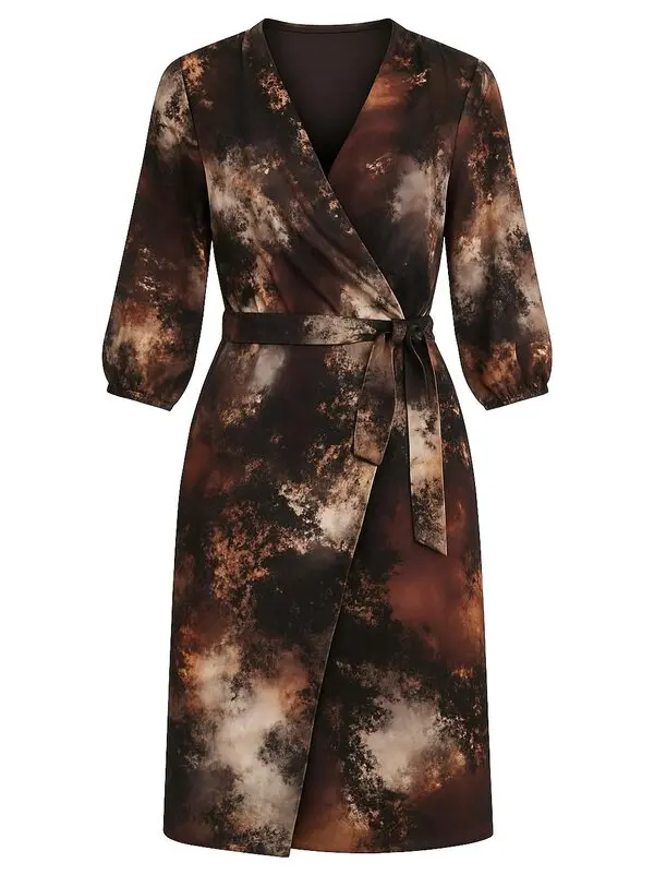 CONQUISTA Printed Wrap Dress With ¾ Sleeves - Black/brown
