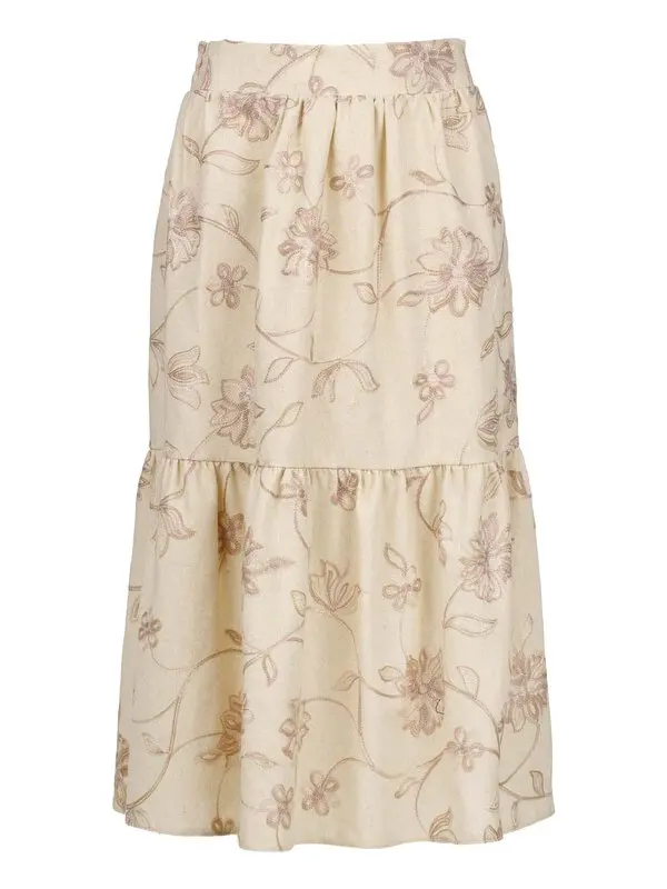 CONQUISTA Embroidered Floral Midi Skirt - Beige