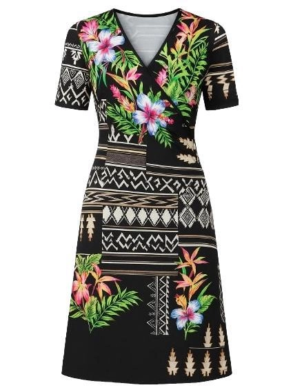 CONQUISTA Short Sleeve Wrapover Jungle Print Dress - Black