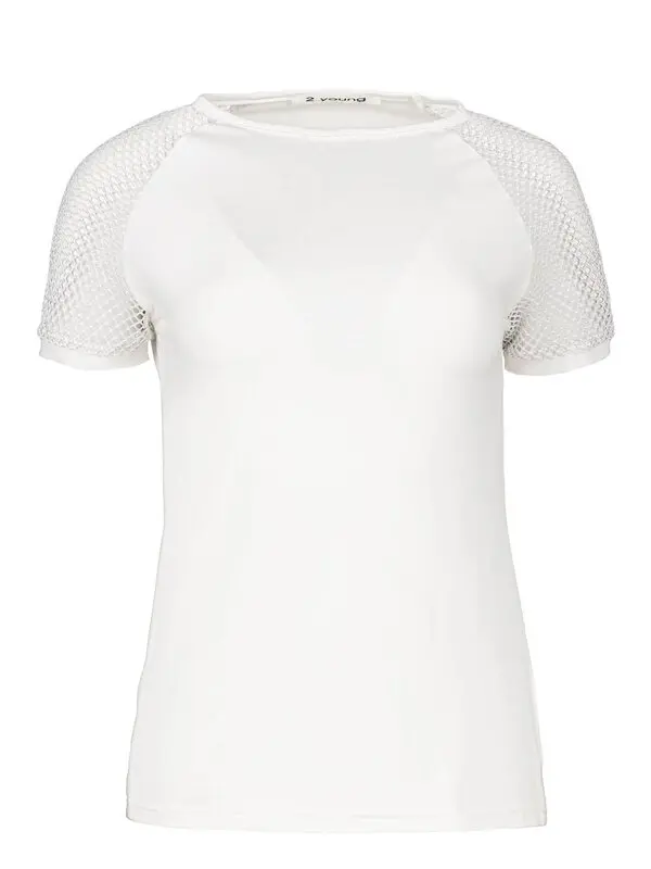 CONQUISTA Ecru Stretch Jersey Top With Sheer Net Sleeves - Beige