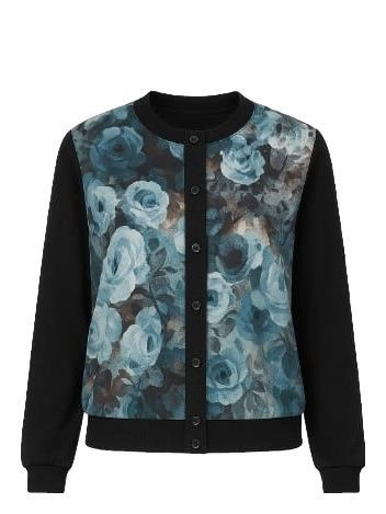 CONQUISTA Long Sleeve Cardigan With Floral Print Front - Black