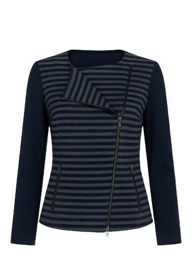 CONQUISTA Striped Knit Jacket With Leather Look Trim - Blue