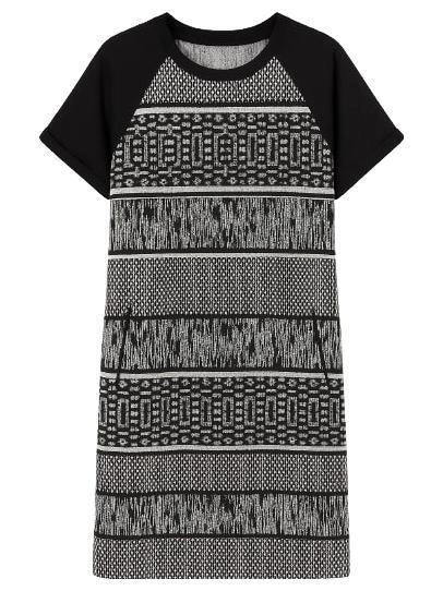 CONQUISTA Short Sleeve Straight Dress With Geometric Print - Black