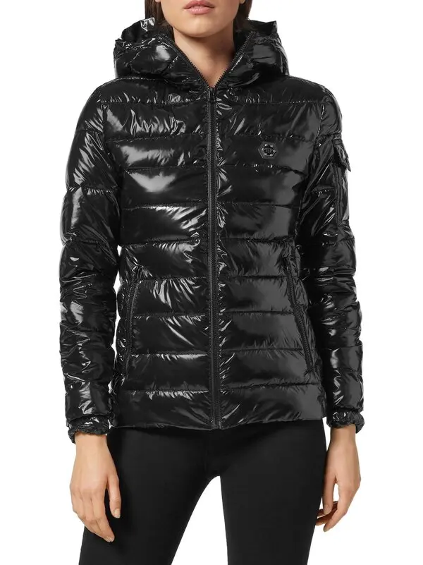 Philipp Plein Slim Fit Quilted Nylon Short Puffer Jacket With Hexagon Logo - Black
