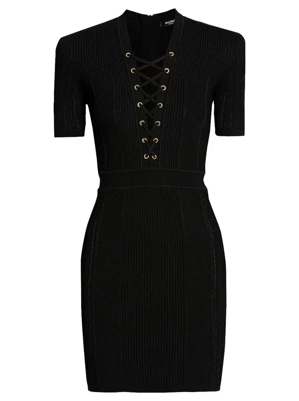 Balmain Lace-up Ribbed-knit Mini Dress - Black