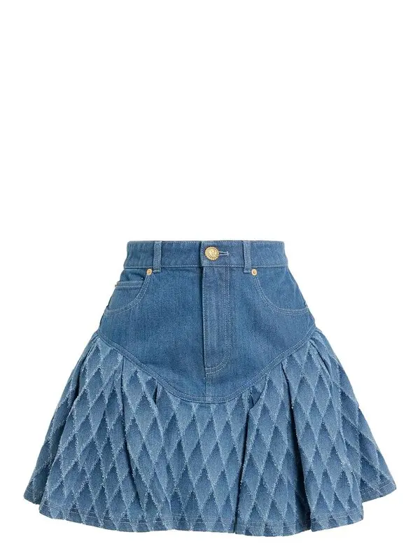 Balmain Denim Jacquard Pleated Mini Skirt - Mid Denim