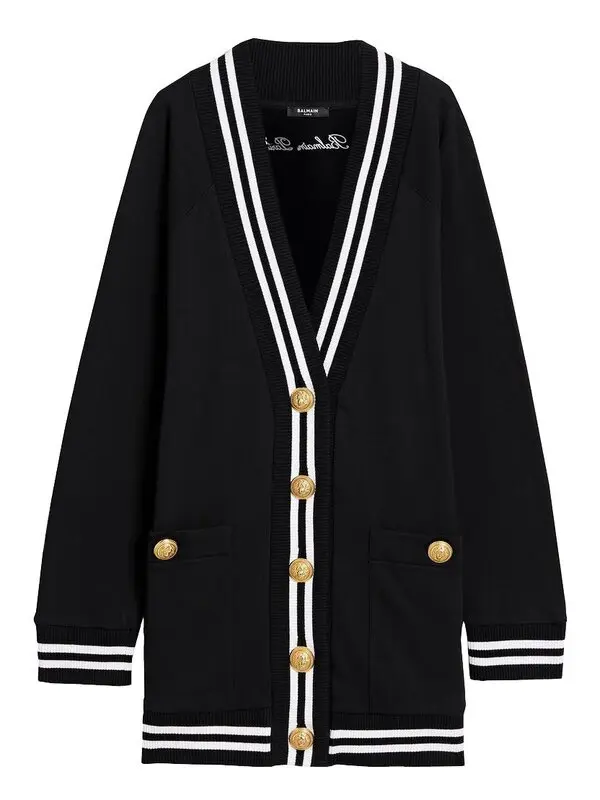 Balmain Striped Cotton-fleece Cardigan With Button Details - Black