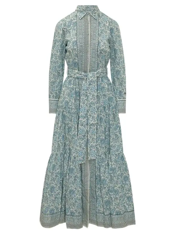 MC2 SAINT BARTH Printed Long-sleeve Belted Maxi Dress - Navy