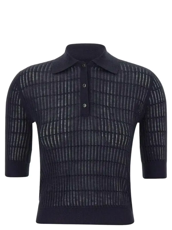 Max Mara Silk/wool Blend Ribbed Polo - Navy
