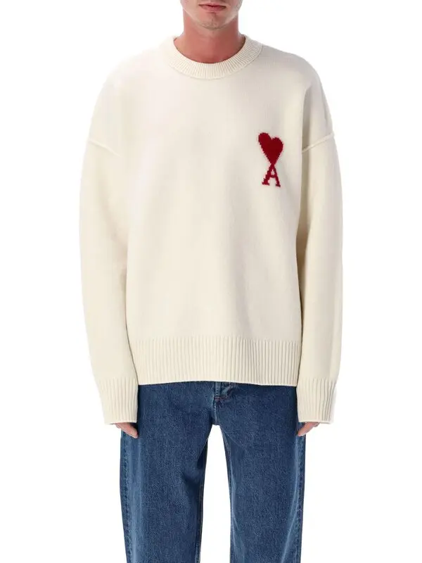 AMI Paris Wool Crewneck Sweater With Intarsia Chest Detail - Ecru Red