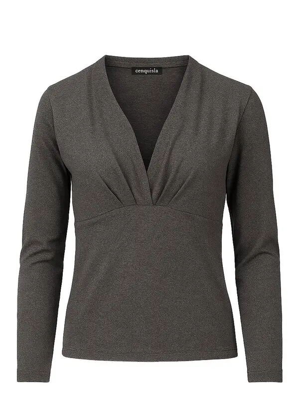 CONQUISTA Long Sleeve Heathered Jersey Top With Draped V-neck - Black