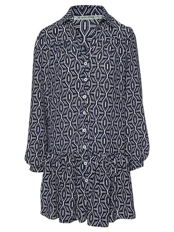 CONQUISTA Navy And White Geometric Print Long Sleeve Dress - Blue