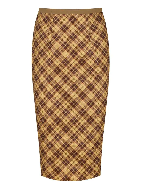CONQUISTA Plaid Fitted Midi Skirt - Beige/yellow