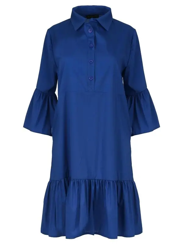 CONQUISTA Royal Bell Sleeve Dress With Ruffle Hem - Blue
