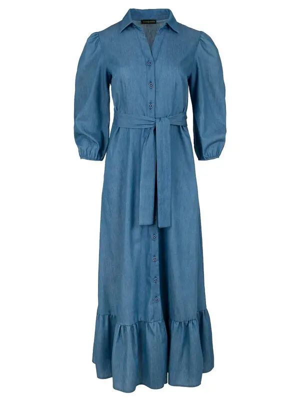 CONQUISTA Denim Style Dress With Frill And Puff Sleeves - Blue