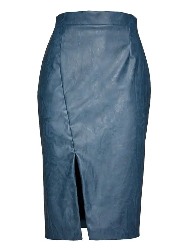 CONQUISTA Indigo Faux Leather Pencil Skirt With Asymmetrical Slit - Blue