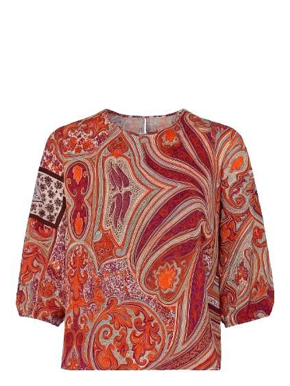 CONQUISTA Printed Bishop Sleeve Top - Red
