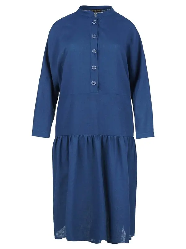 CONQUISTA Linen Style Oversized Midi Dress With Buttons - Blue