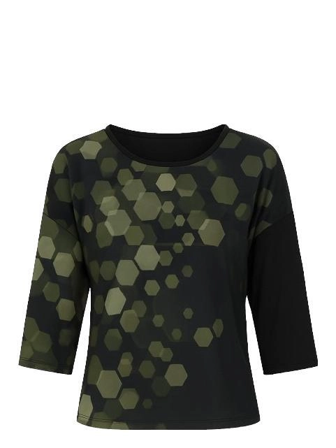 CONQUISTA Geometric Print Sheer Back Crop Top - Black