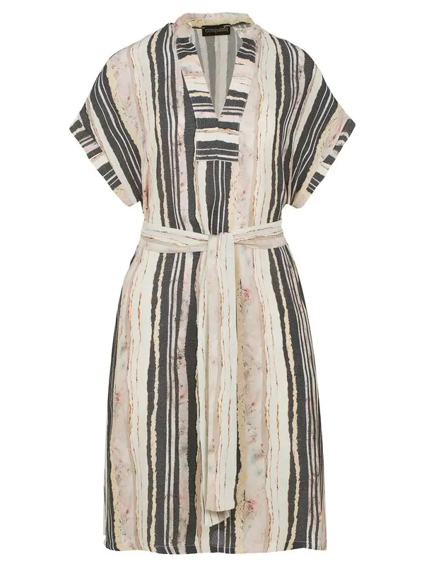 CONQUISTA Stripe Print Sleeveless Mandarin Collar Dress With Belt And Side Slits - Orange