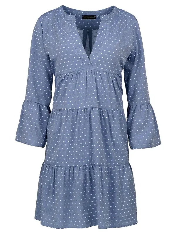 CONQUISTA Embroidered Denim Style A-line Dress With Bell Sleeves - Blue
