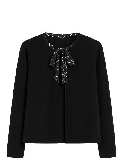 CONQUISTA Long Sleeve Cardigan With Contrast Print Satin Tie Detail - Black