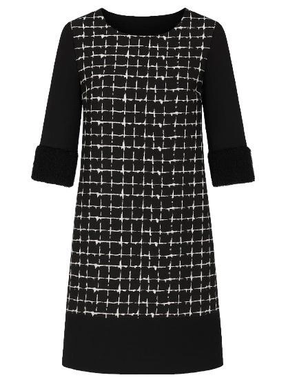 CONQUISTA Printed A-line Dress With Fluffy Cuffs - Black