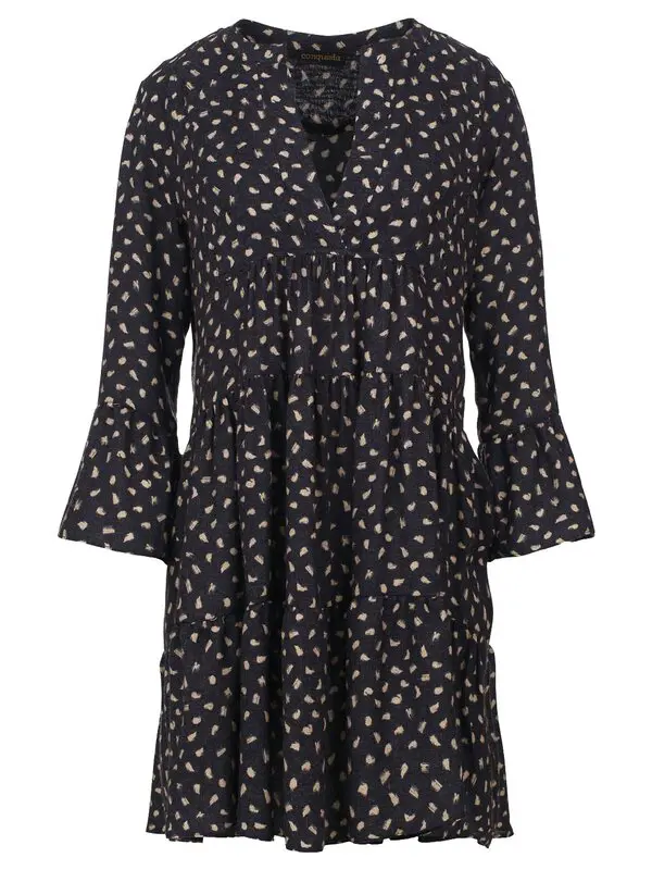 CONQUISTA Printed A-line Dress With Bell Sleeves - Beige/gray
