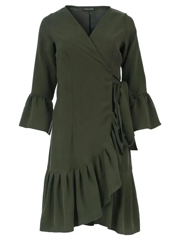 CONQUISTA Viscose Blend Wrap Dress With Ruffle Detail - Green