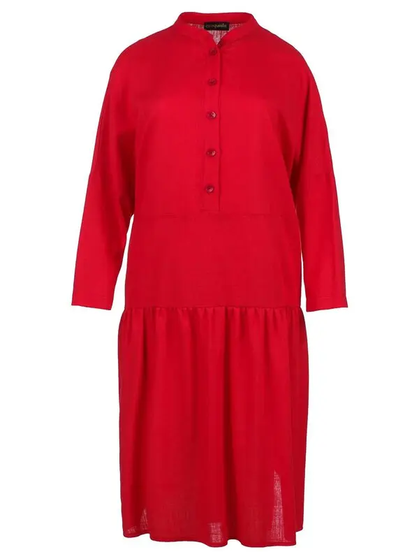 CONQUISTA Linen Style Oversized Midi Dress With Mandarin Collar And Belt - Red