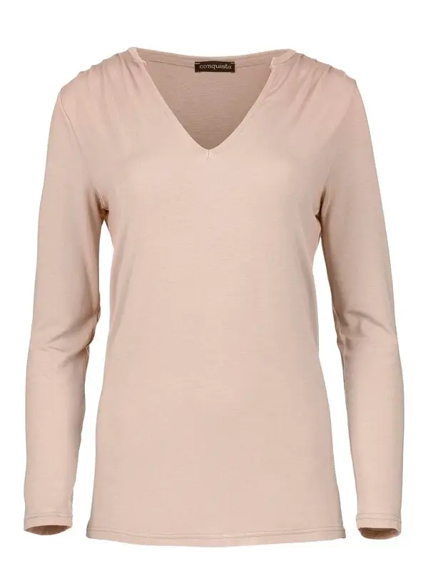 CONQUISTA Long Sleeve V-neck Top In Stretch Jersey - Orange