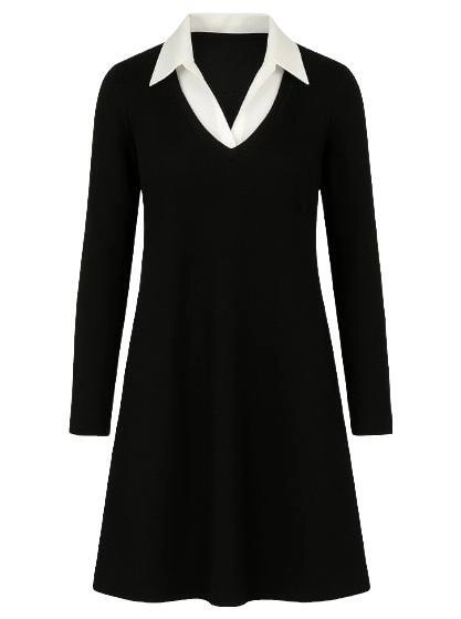 CONQUISTA Long Sleeve Shirt Collar A-line Dress - Black