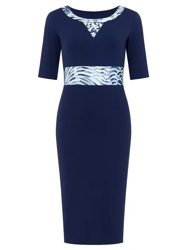 CONQUISTA Navy Viscose-elastane Jersey Midi Dress With Patterned Waistband - Blue
