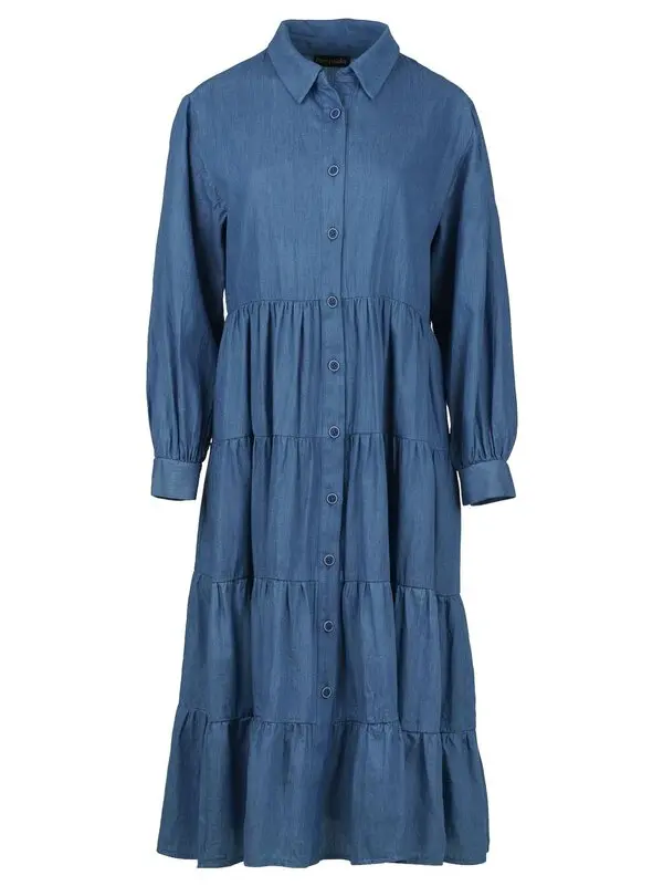 CONQUISTA Cotton Denim Tiered Button-up Shirt Dress - Blue
