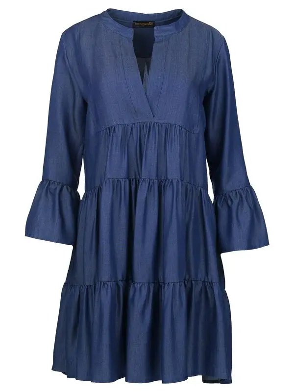 CONQUISTA Satin Denim A-line Dress With Bell Sleeves - Blue