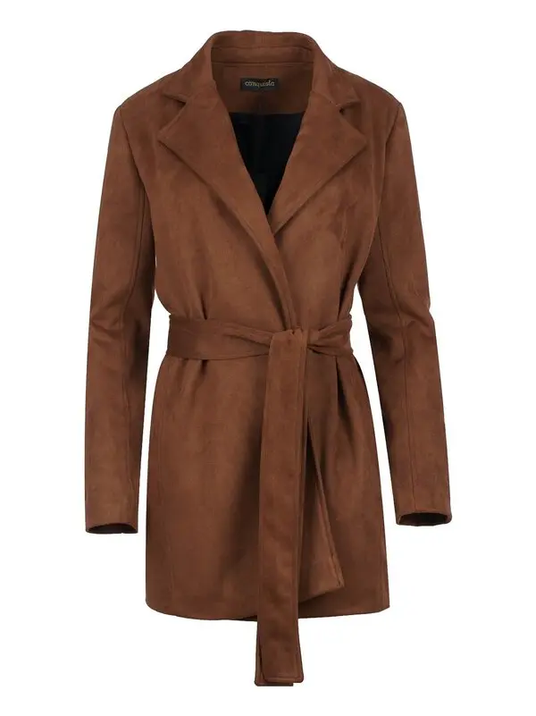 CONQUISTA Suede-look Belted Jacket - Brown