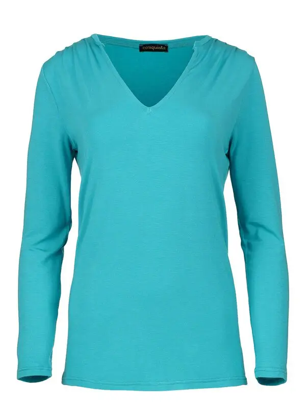 CONQUISTA Long Sleeve V-neck Top - Blue