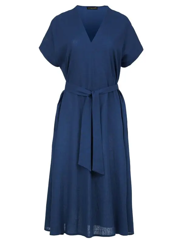 CONQUISTA Linen Style Belted Midi Dress - Blue