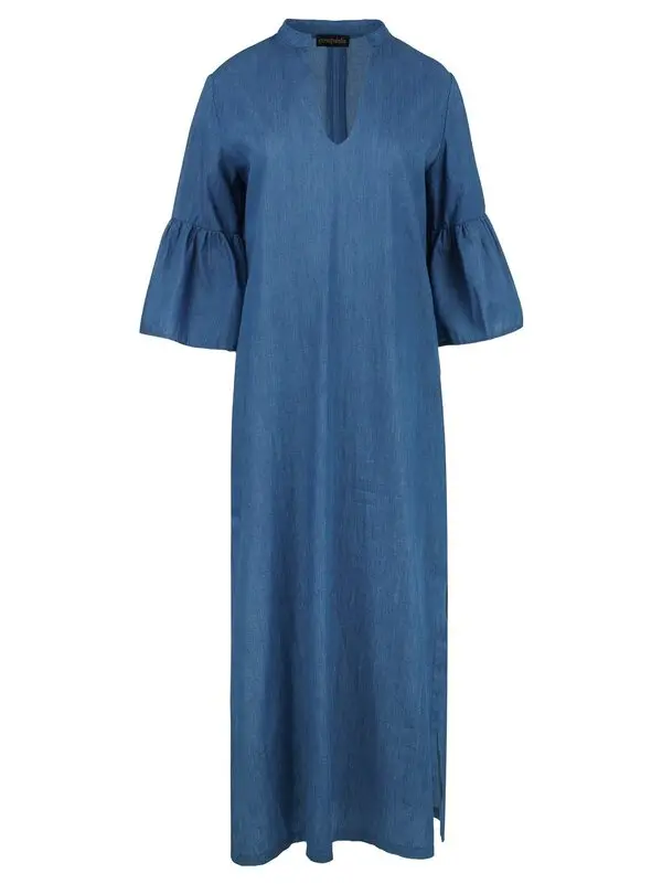 CONQUISTA Denim Style Kaftan With Ruffled Sleeves And Mandarin Collar - Blue