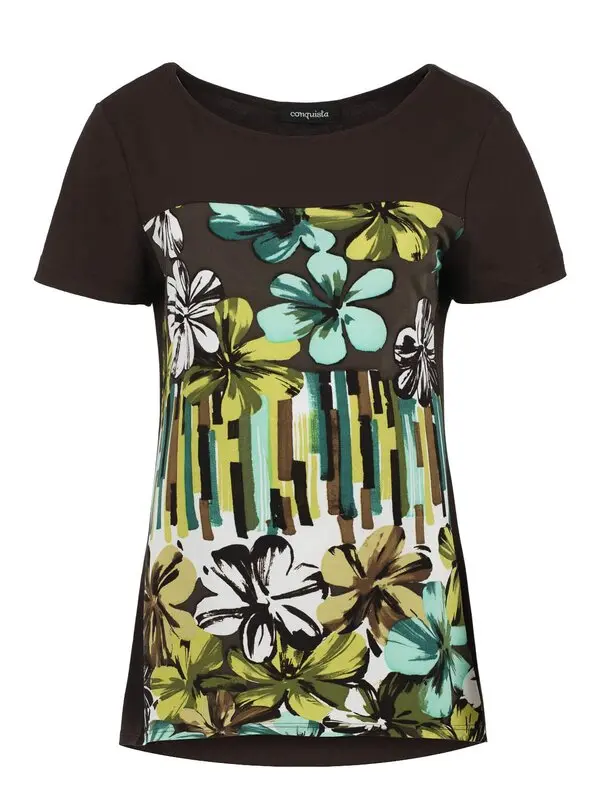 CONQUISTA Tropical Floral Print Longline Top - Brown