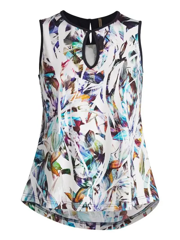 CONQUISTA Abstract Feather Print Sleeveless Jersey Top - Blue