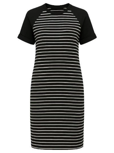 CONQUISTA Short Sleeve Striped Rib Knit Dress With Pockets - Black