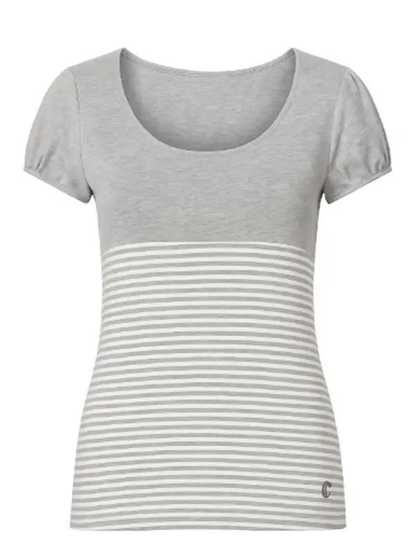 CONQUISTA Striped Short Sleeve Top With Strass Embellishment - Grey